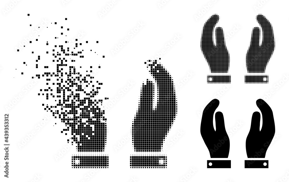 Disappearing dot care hands pictogram with wind effect, and halftone ...