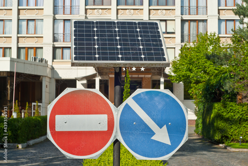 Road signs symbolizing detours and traffic bans. Pointers are ...