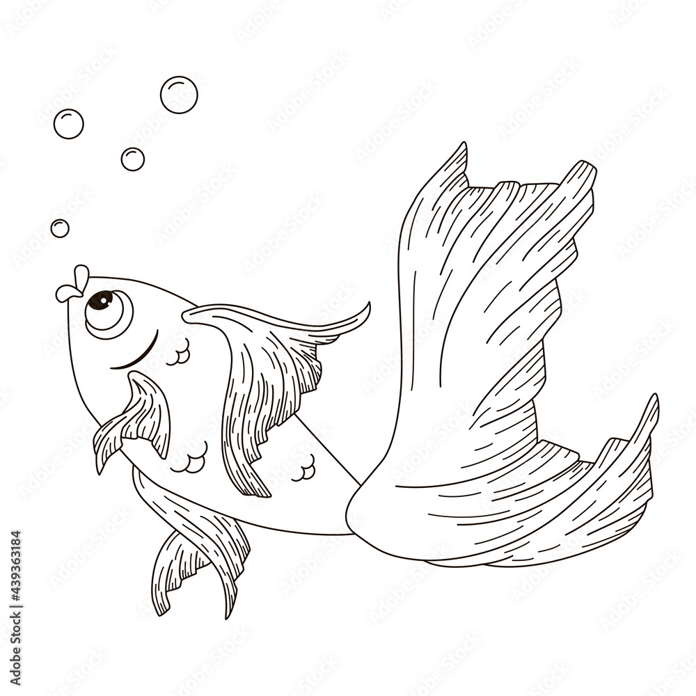 Line Art Gold Fish Engraving Illustration. Hand drawn Goldfish for ...