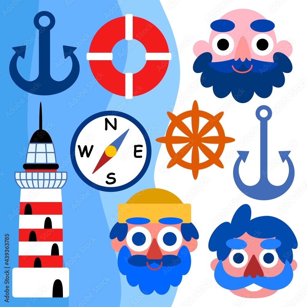 Cartoon marine set with seamen, anchors, compass, lifebuoy steering ...