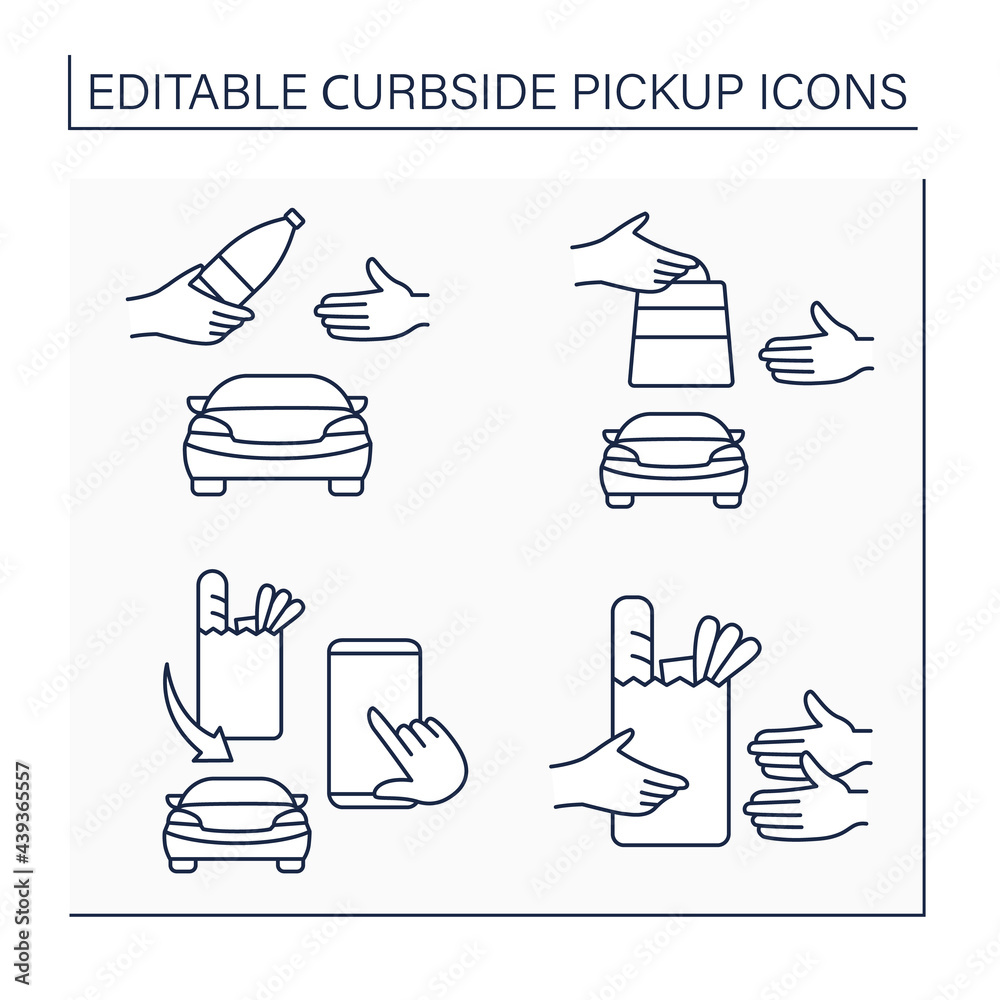 Curbside pickup line icons set. Courier delivery. Hand by hand parcel ...