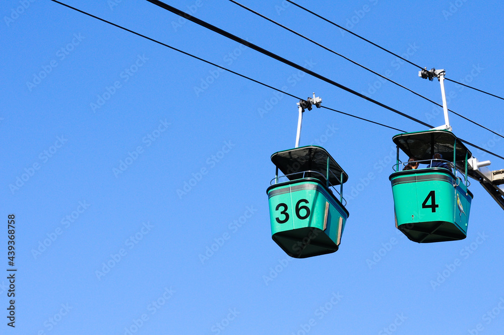 cable car with numbered cabins over Balboa Park in San Diego ...