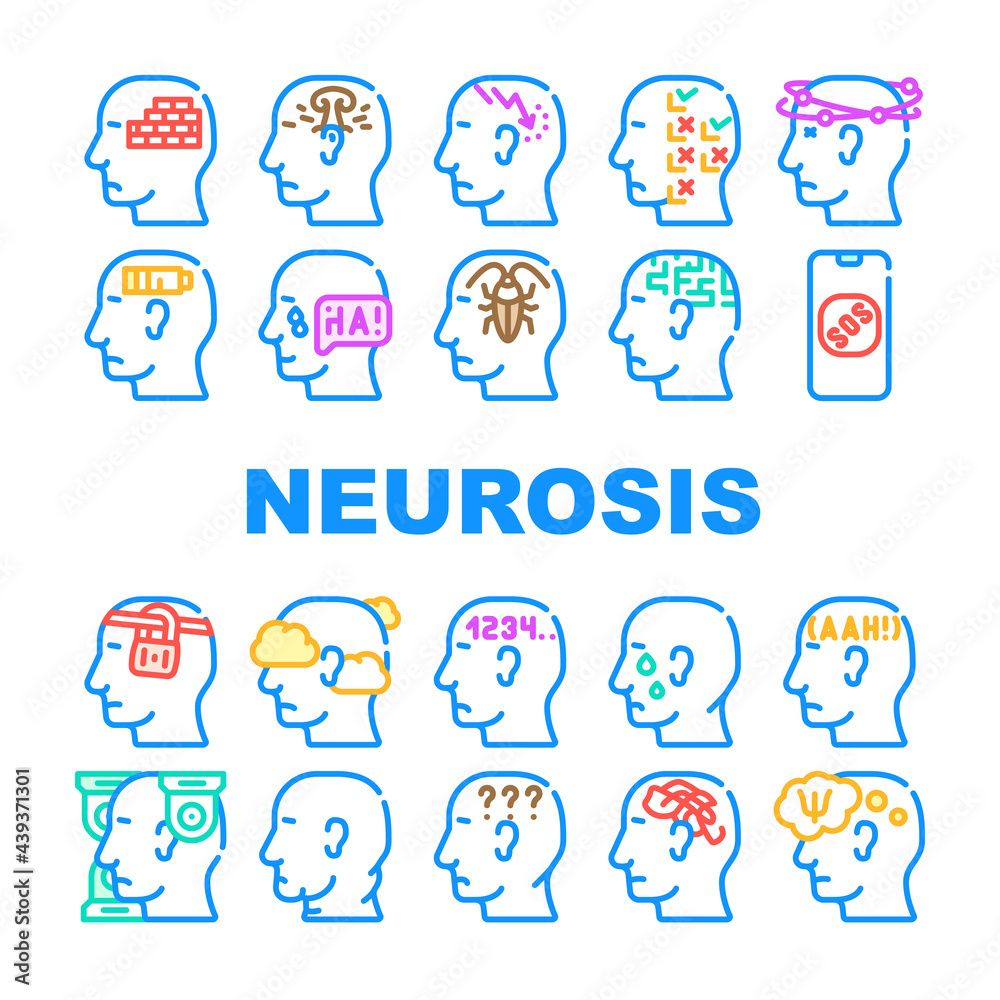 Neurosis Brain Problem Collection Icons Set Vector. Patient Neurosis ...