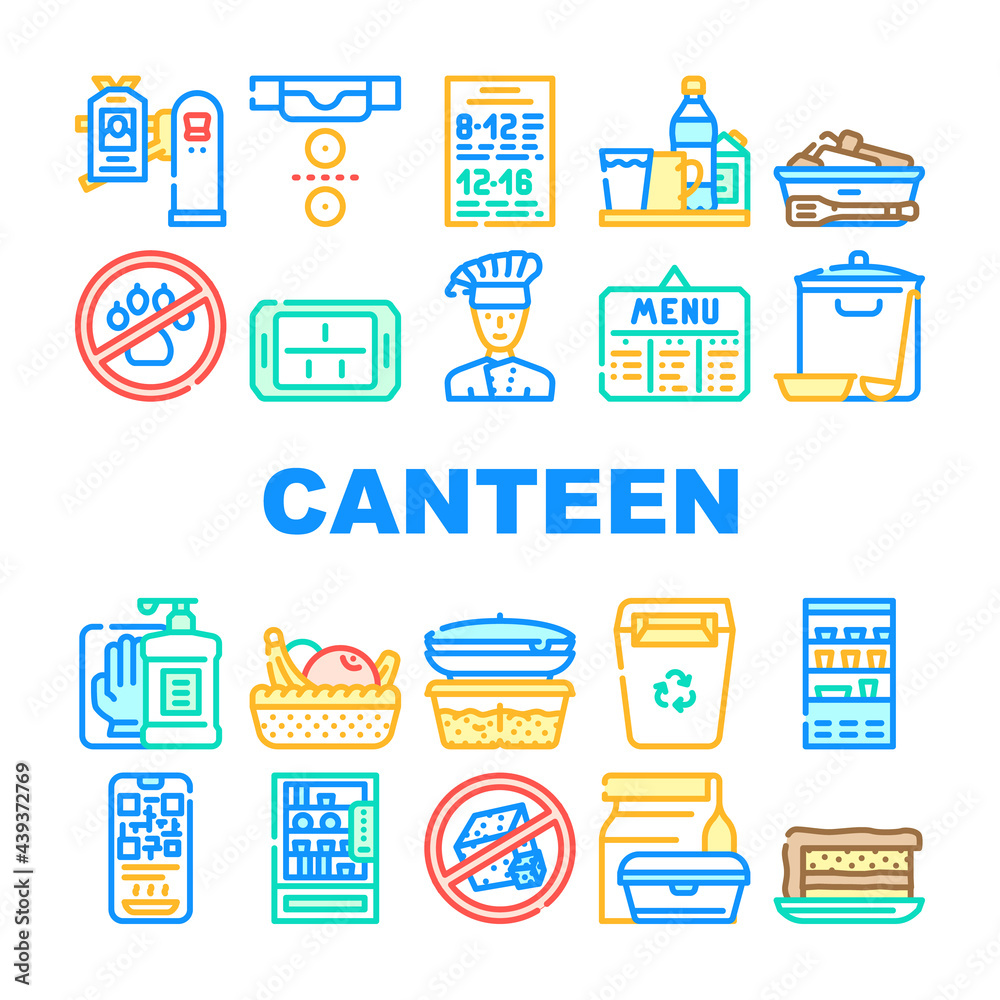 School Canteen Menu Collection Icons Set Vector. Canteen Food And Drink ...