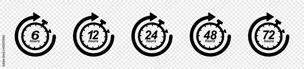 6, 12, 24, 48, 72 hours clock arrow. symbol work time, delivery and ...