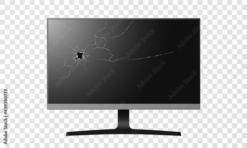 Black flat LCD monitor with cracked screen isolated on transparent ...