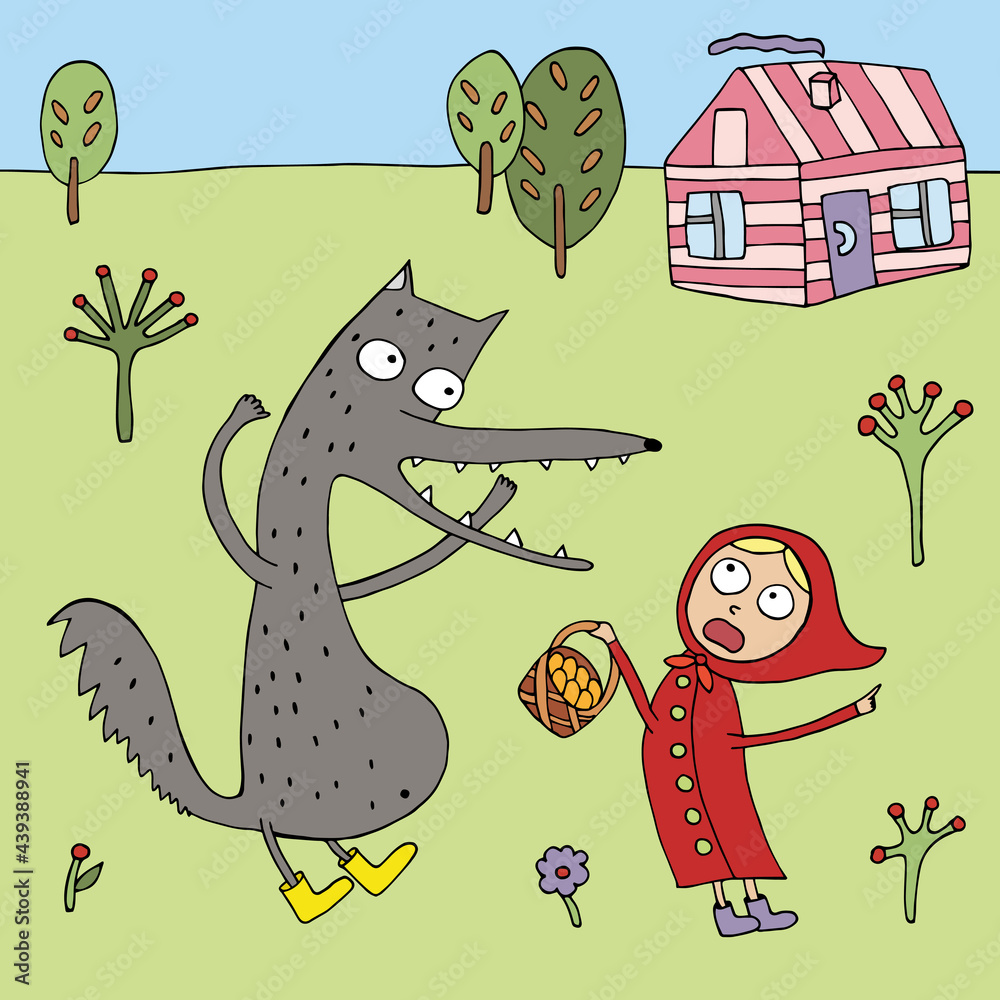 Illustration for a children s book. Little red riding hood and gray ...