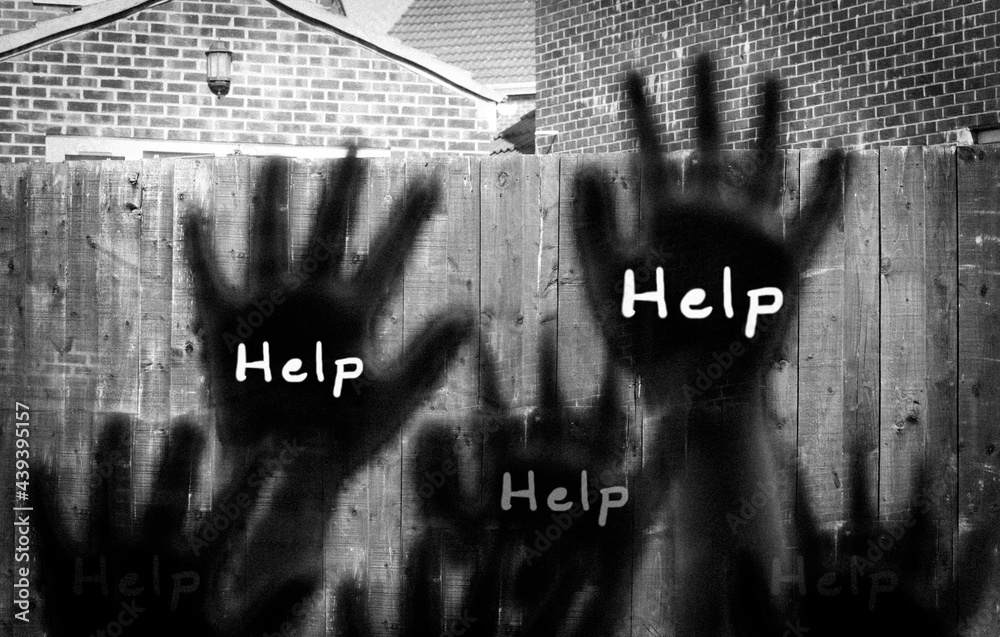 Black and white photo of kid hands showing with help letter on their ...