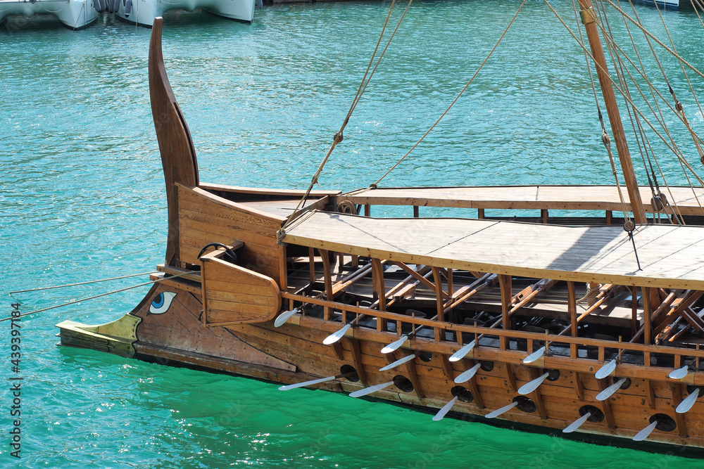 Athenian Trireme masterpiece replica "OLYMPIAS"of ancient warship of 5th BC century, moored at ...