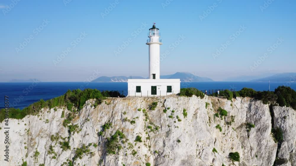 Aerial reveal shot of famous lighthouse of Cape of Ducato at Greek ...