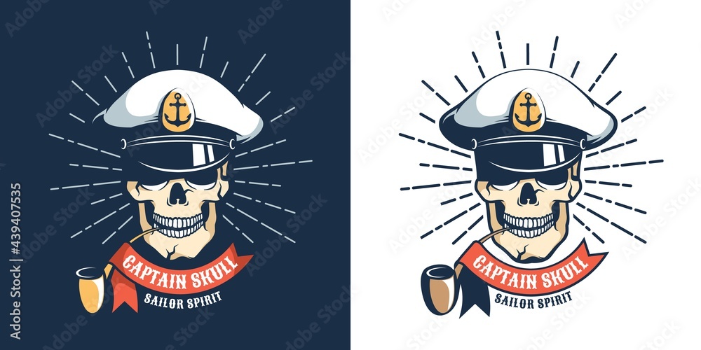 Captain skull head with pipe - retro logo. Sailor skeleton vintage ...