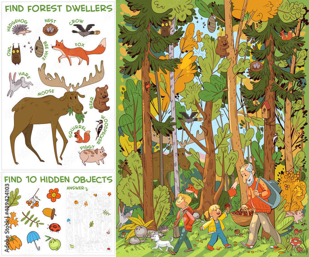 People and dog go to forest for mushrooms. Find all animals in picture ...