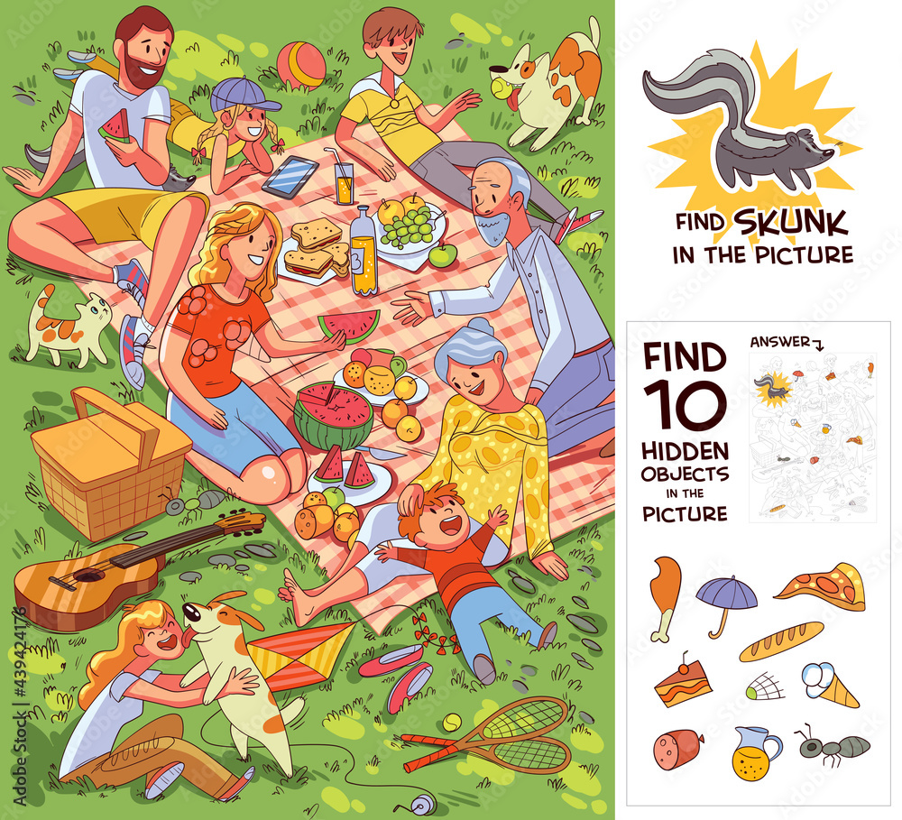 Family at picnic. Find 10 hidden objects in the picture Stock Vector ...