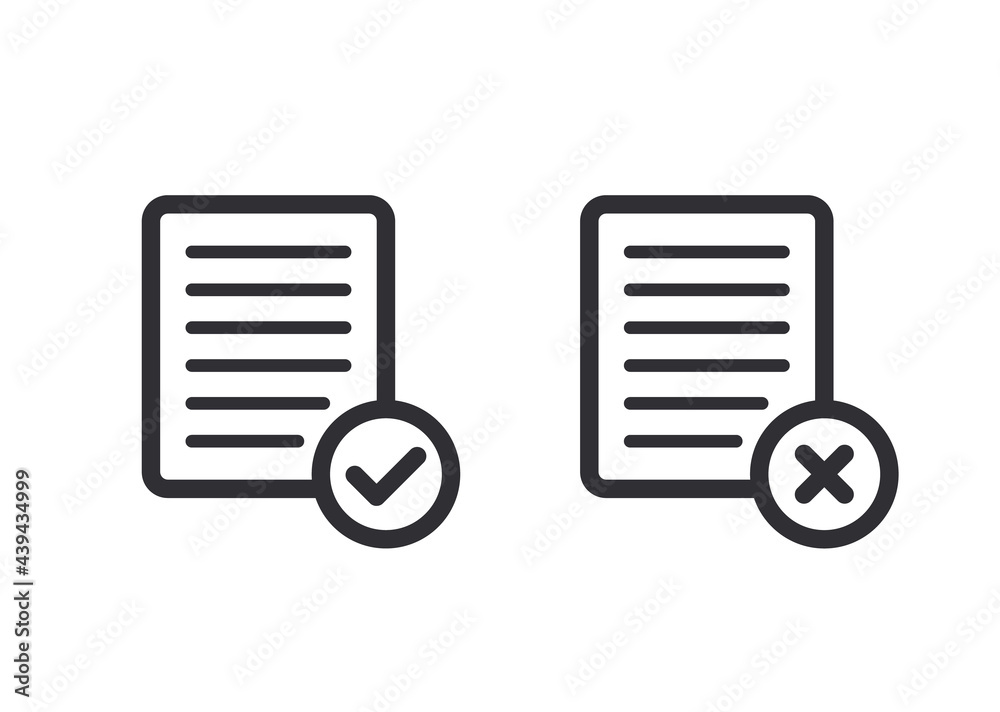 Document icon. Paper icon. Check mark. Symbols YES and NO. Reject file ...