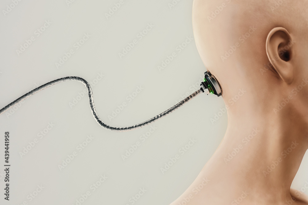 Side view of a shaved head with a wire attached to the head Stock 写真 ...