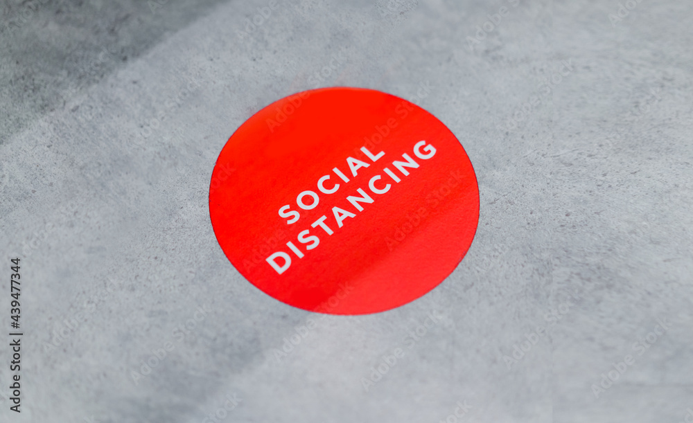 Footprint sign for stand in the mall.Social Distance word sticker ...