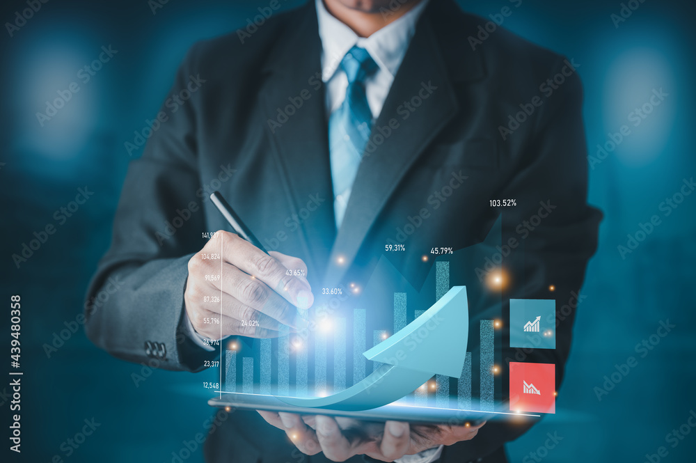 Businessman hand show Stock chart showing rising stock sign with graph ...