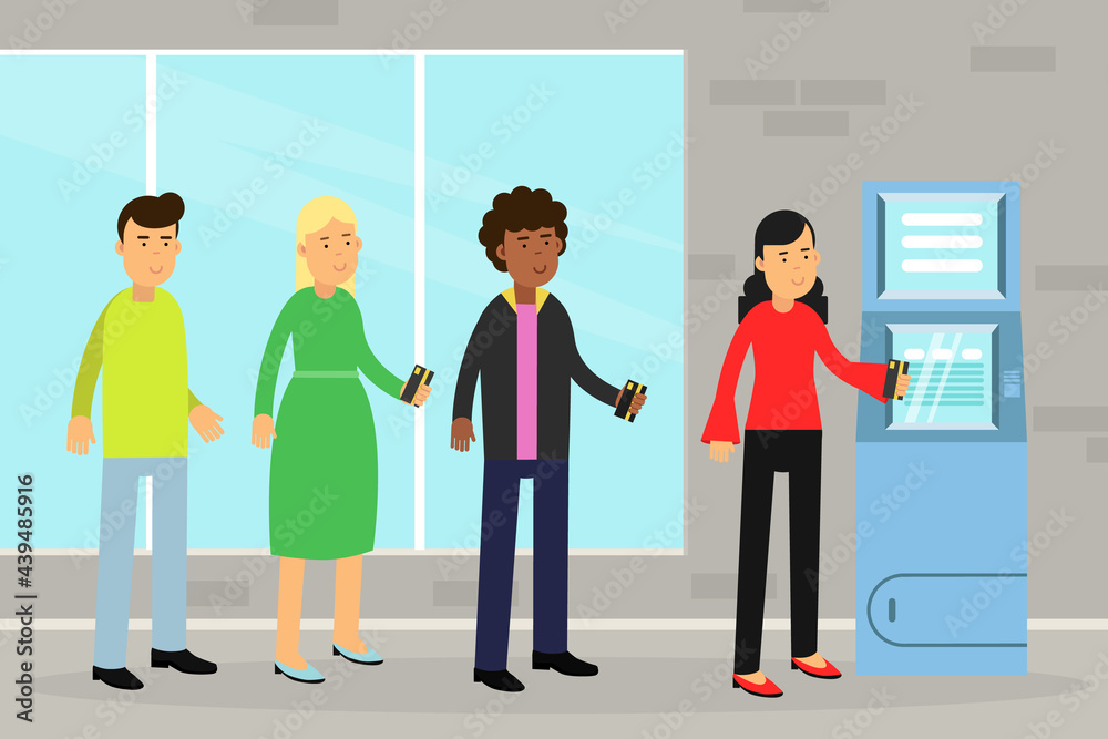 People Characters at Bank Using Electronic Self Service Terminal and ...
