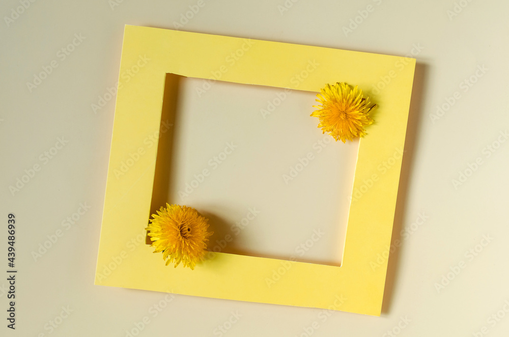 Yellow square frame decorated with yellow flowers on a light background ...