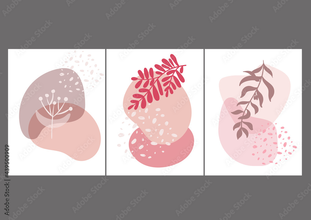 Minimal boho design with shapes and leaves. Abstract background in pink ...