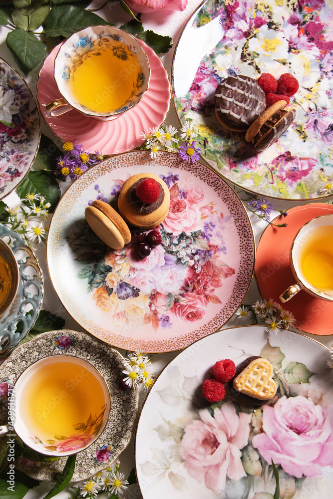 Colourful floral theme tea setting Stock Photo | Adobe Stock