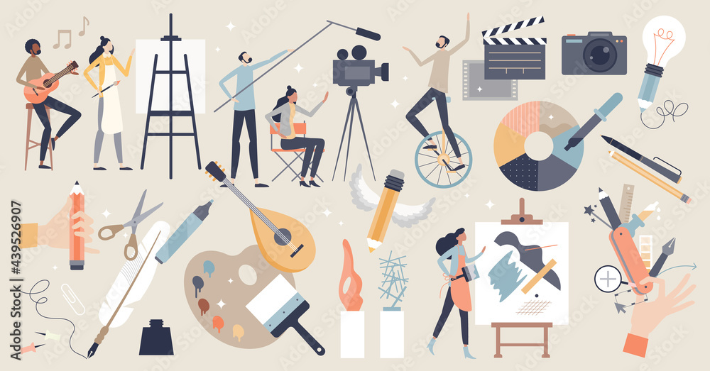 Arts set as professional creative entertainment theme items tiny person ...