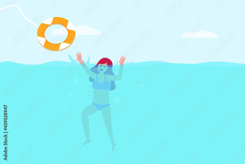 Drowning vector concept: Young woman asking help to rescue team when ...