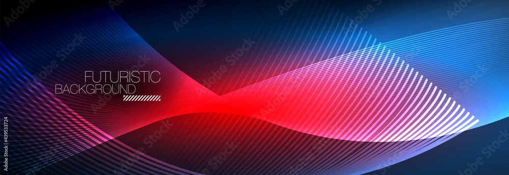 Abstract neon glowing light in the dark with waves. Shiny magic energy and motion concept ...