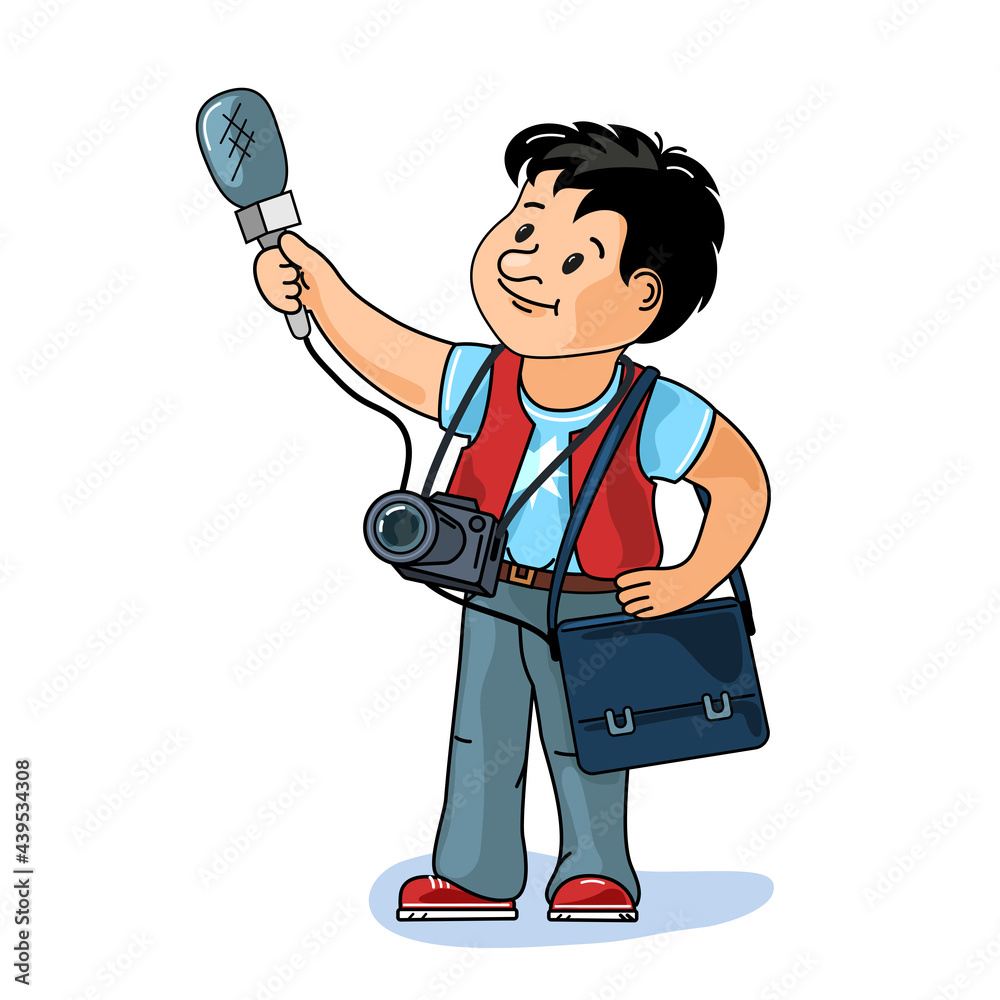Sports journalist. A young man with a microphone in his hand, a camera ...