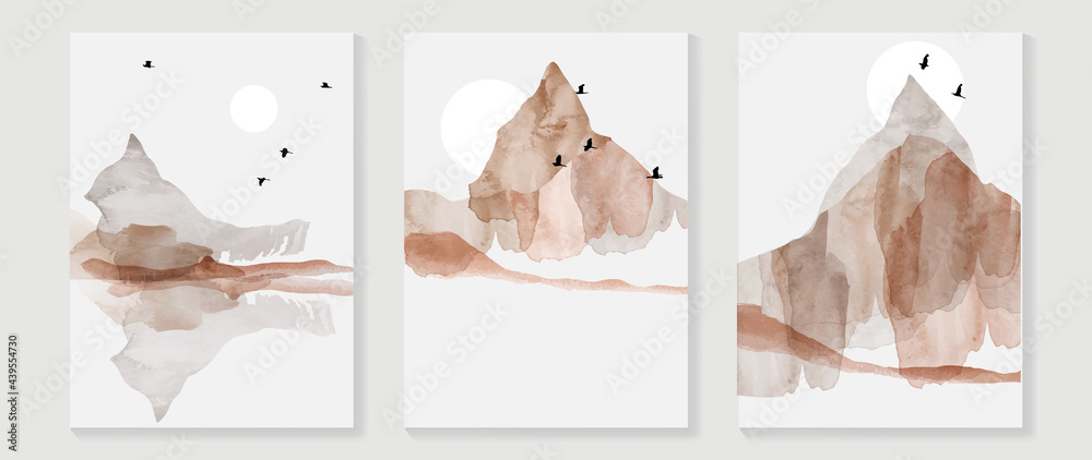 Mountain water color background vector. landscape wall art design with ...