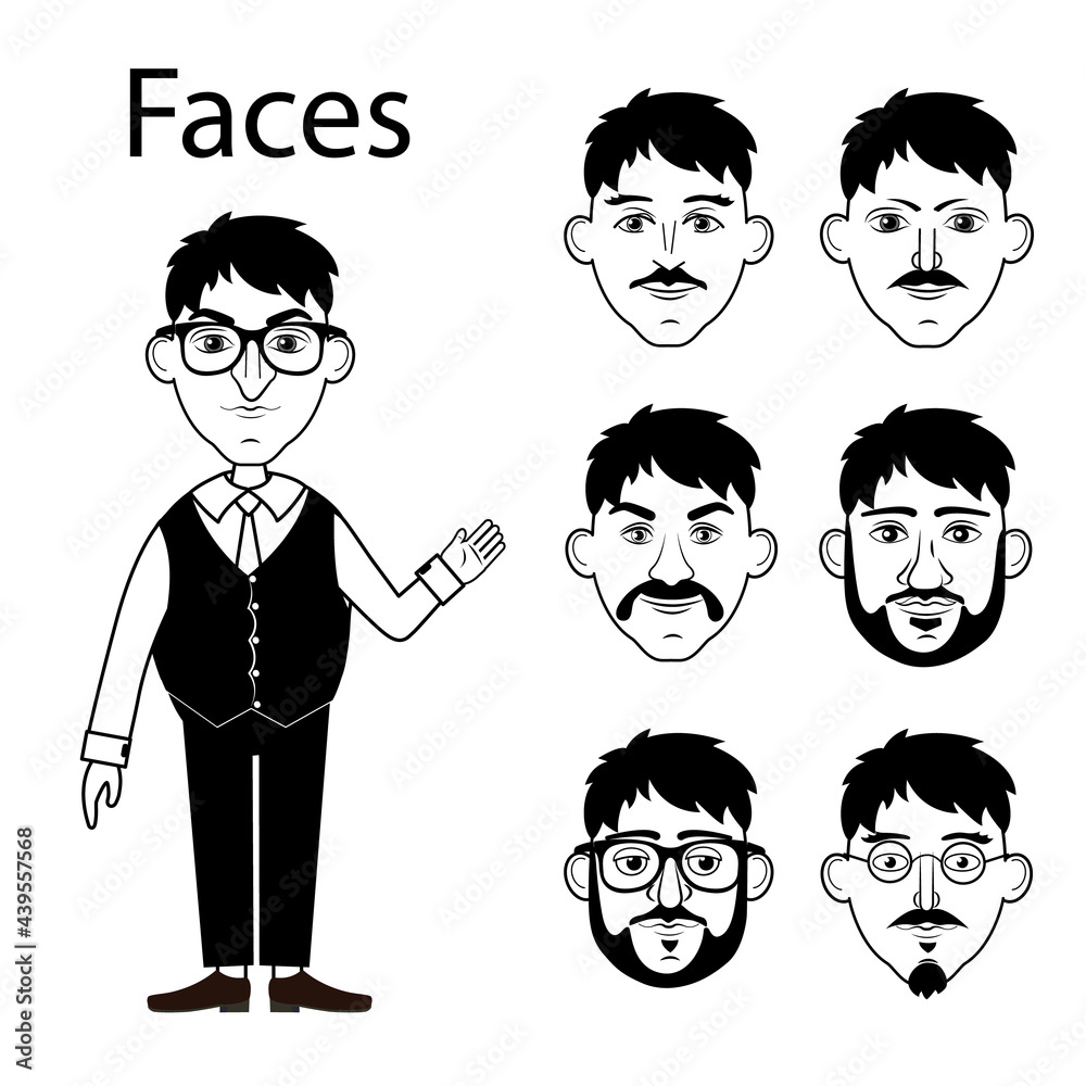 Faces for characters. Cartoon characters with different faces. Black ...