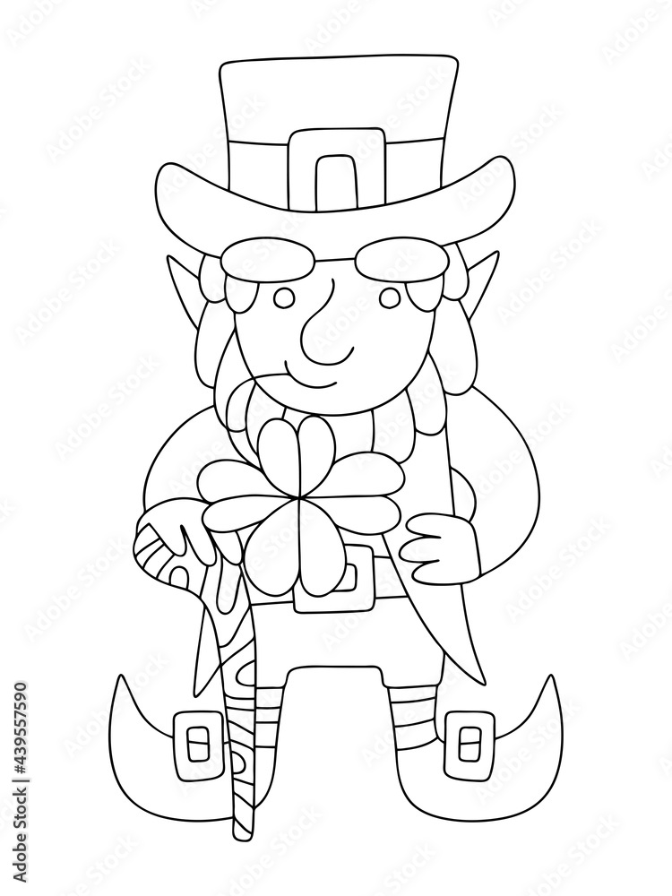 Cute hand-drawn Irish leprechaun with a four-leaf clover and shillelagh ...