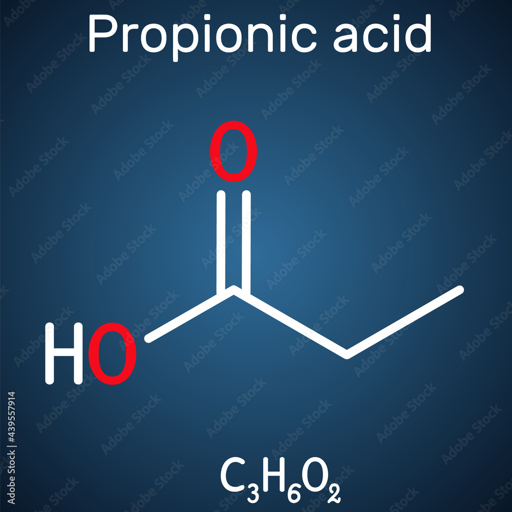 Propanoic acid, propionic acid molecule. It is short-chain saturated fatty acid, antifungal drug ...