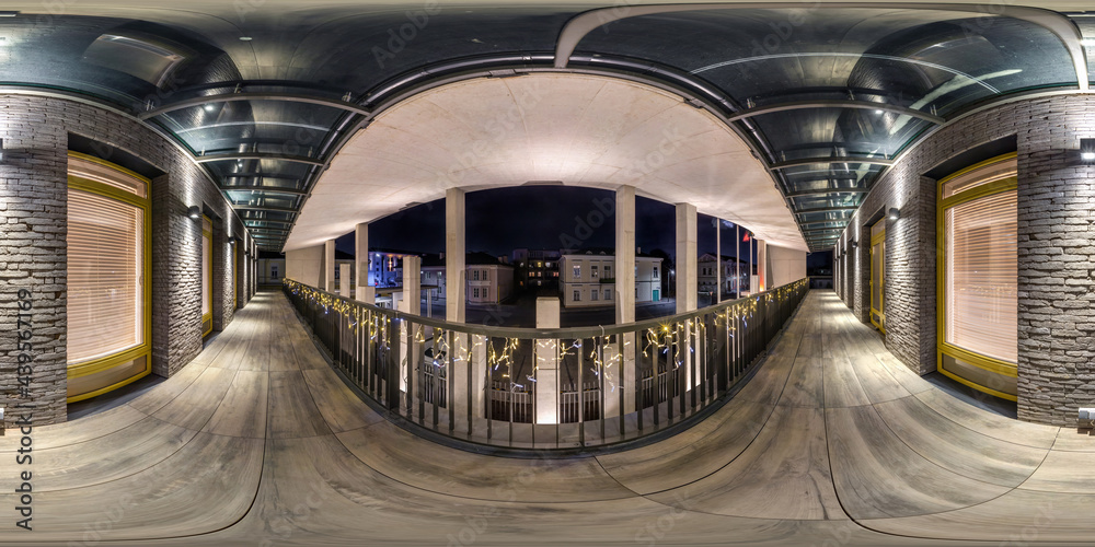 Full seamless night hdri panorama 360 degrees on long balcony of office ...