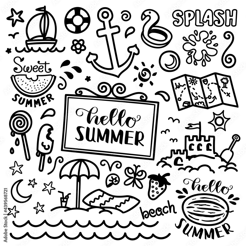 Vacation doodle. Hand drawn summer icon set. Cute cartoon drawing ...