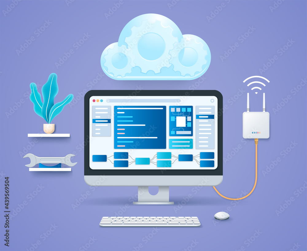 Cloud Engineering. Computer with open diagram pages on screen. Keyboard ...