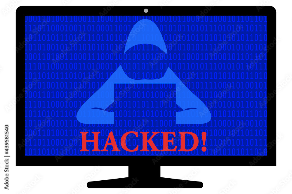 Hacked computer vector illustration. A hacker, monitor, hacked text ...