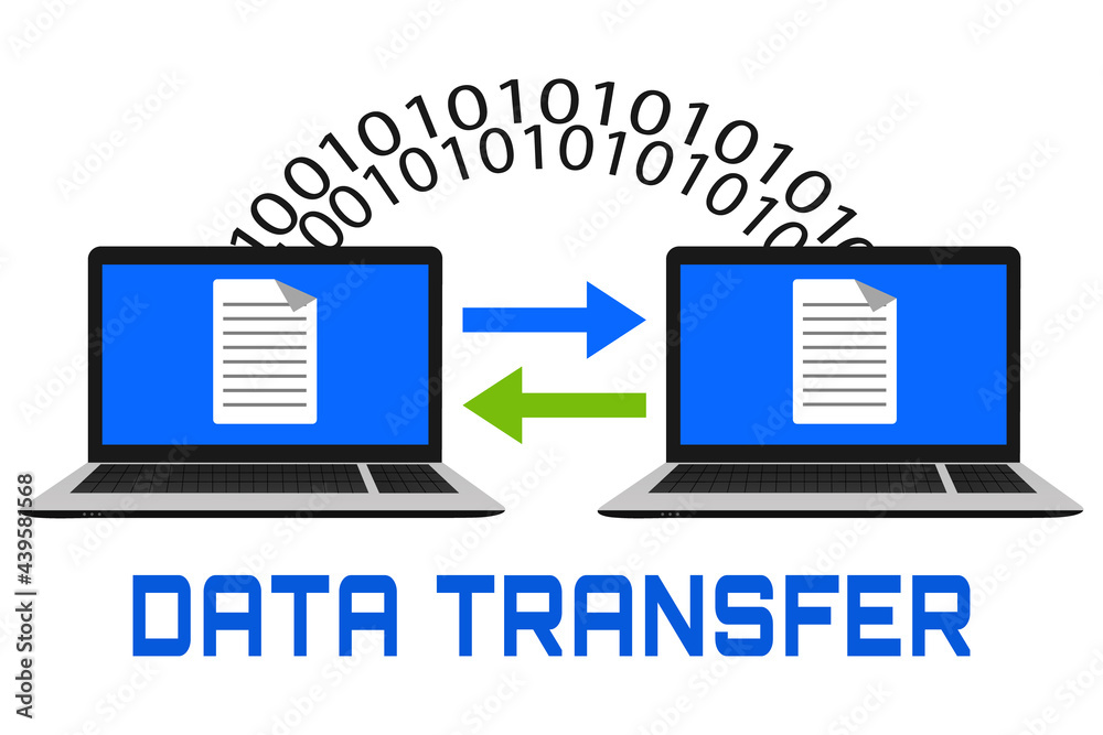 Data transfer vector illustration in flat style.Laptop computers and ...