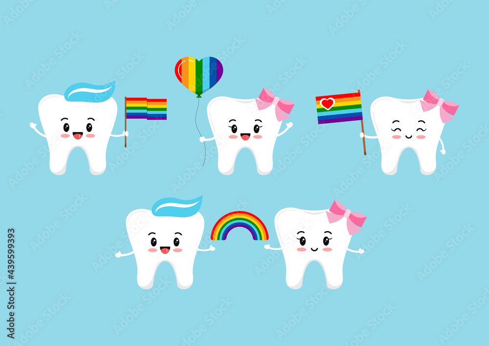 Teeth with rainbow flag and balloon in hands. Tooth holds rainbow ...