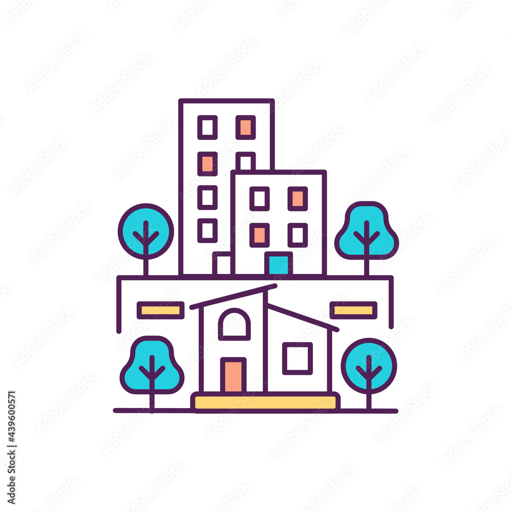 Rural and urban areas RGB color icon. Cities and suburbs. Residential ...