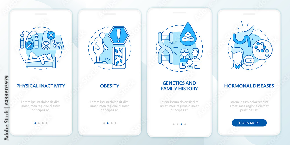 Diabetes causes onboarding mobile app page screen. Physical inactivity ...