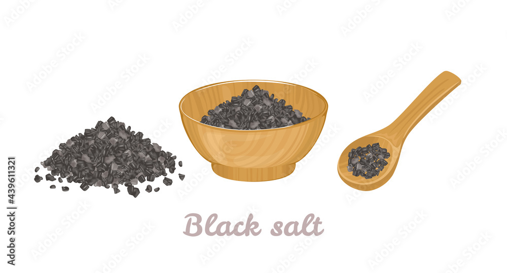Himalayan black rock salt in wooden bowl, spoon and heap isolated on ...