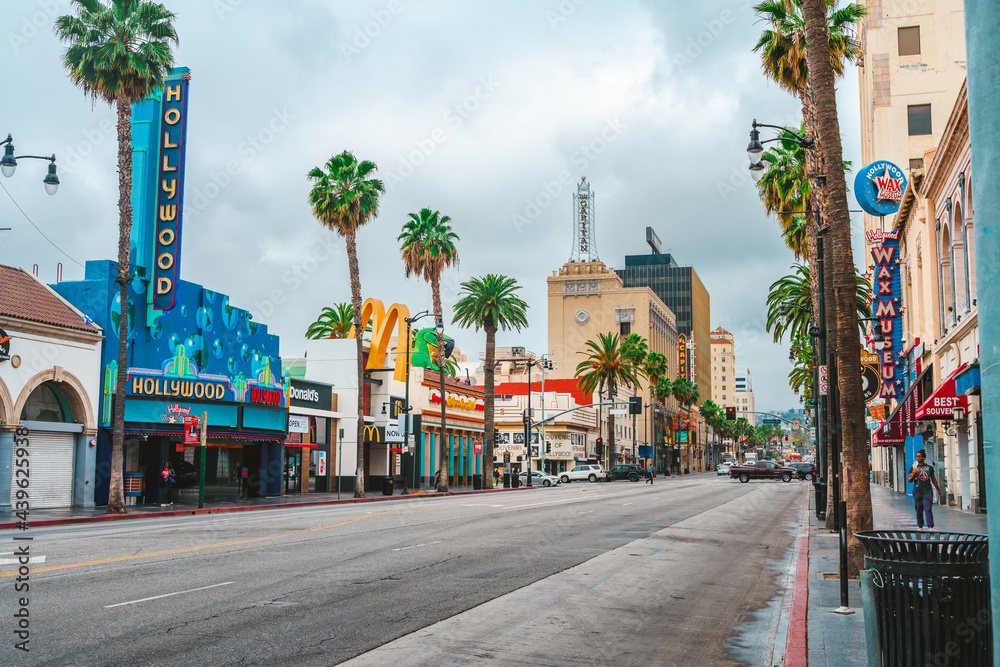 Streets in Hollywood on the Walk of Fame in Los Angeles on a cloudy day ...