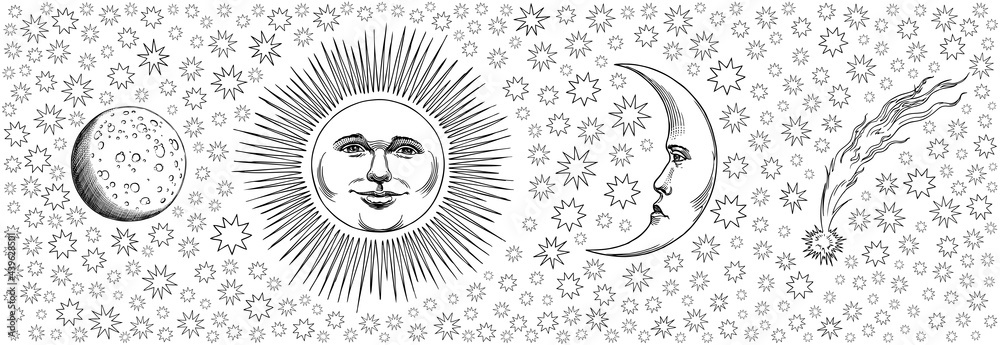 Celestial bodies. Design set. Hand drawn engraving. Editable vector ...