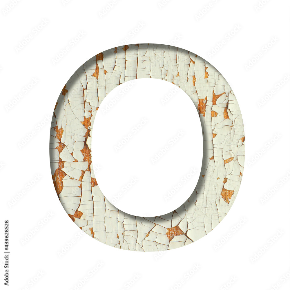 Rustic font. The letter O cut out of paper on the background of old ...