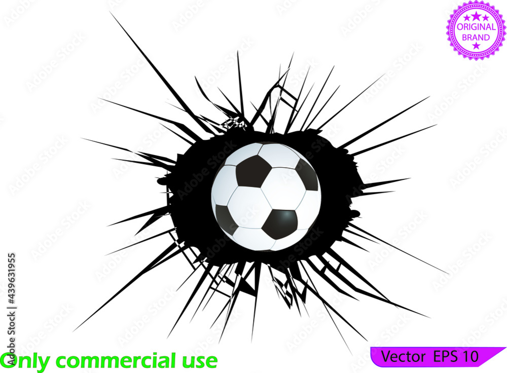 Sport vector illustration with soccer ball coming in cracked wall ...