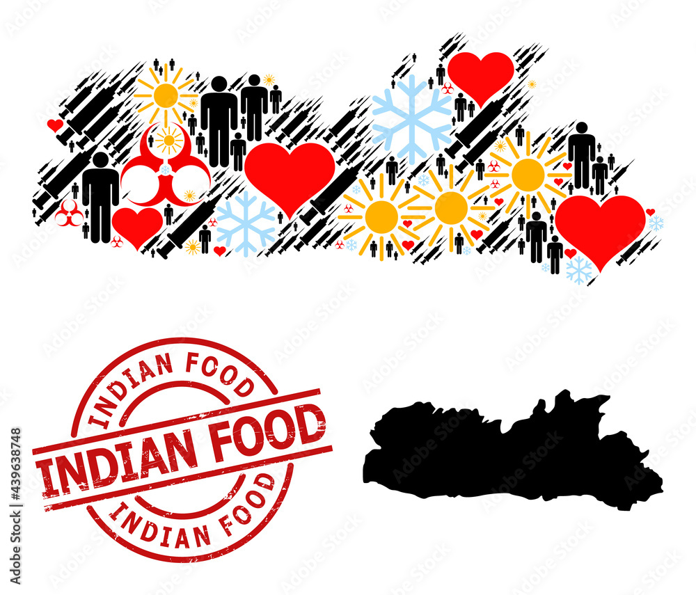 Grunge Indian Food stamp seal, and heart men inoculation mosaic map of ...