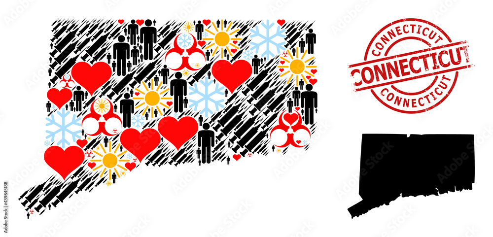 Scratched Connecticut badge, and heart humans vaccine collage map of ...