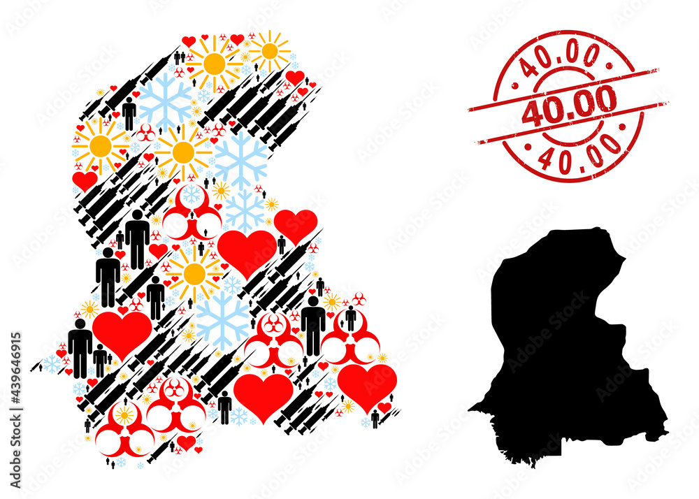 Vetor de Textured 40.00 stamp seal, and heart humans inoculation mosaic ...