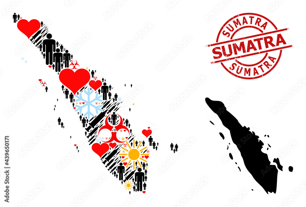 Grunge Sumatra stamp seal, and sunny customers vaccine collage map of ...